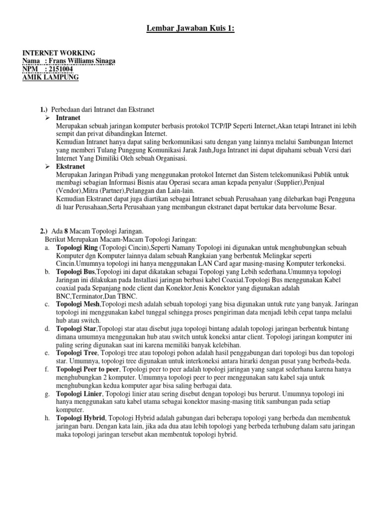 Lembar Jawaban Kuis 1 | PDF