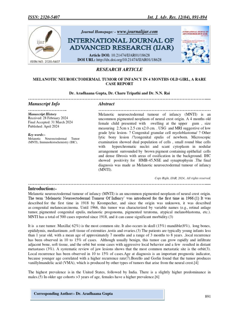 Melanotic Neuroectodermal Tumor Of Infancy In 4 Months Old Girl A Rare Case Report Pdf