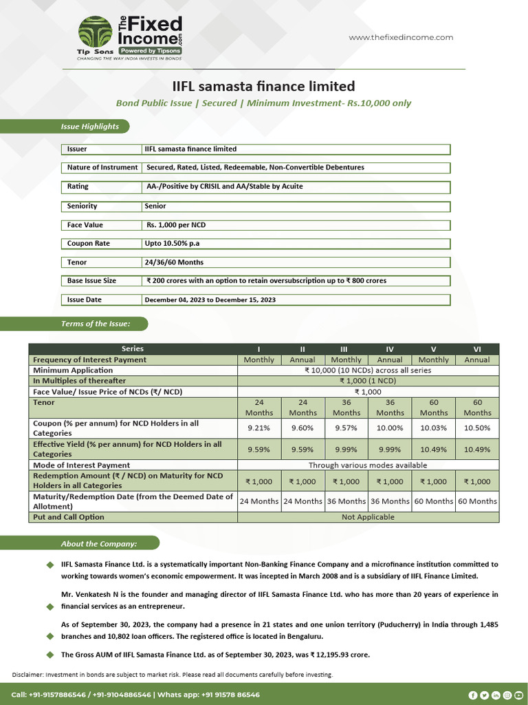 IIFL Samasta Finance NCD Issue 2023 | PDF | Bonds (Finance) | Yield (Finance)