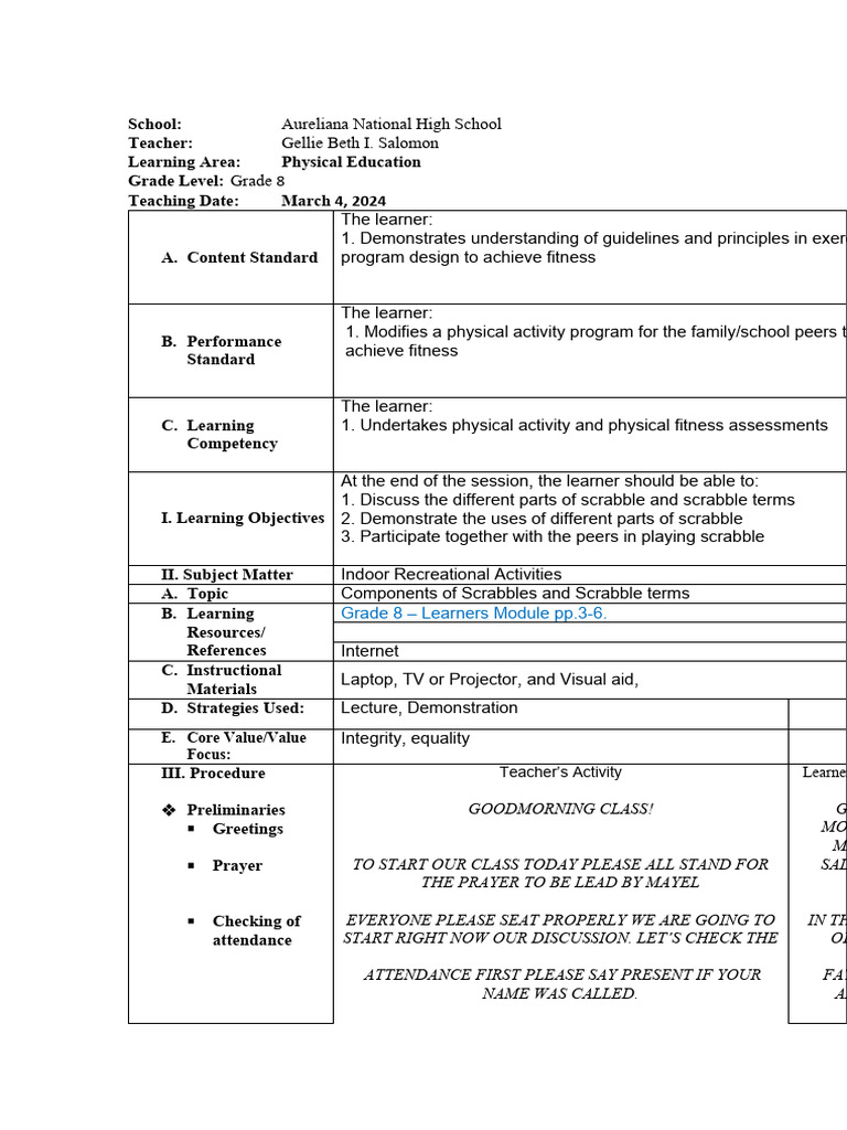 Grade 8 Scrabble Lesson Plan | PDF