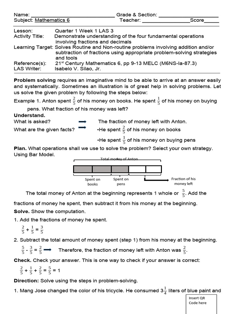 Math 6 - Q1 - WK 1 - Las 3 (Ctto) | PDF | Mathematics | Subtraction