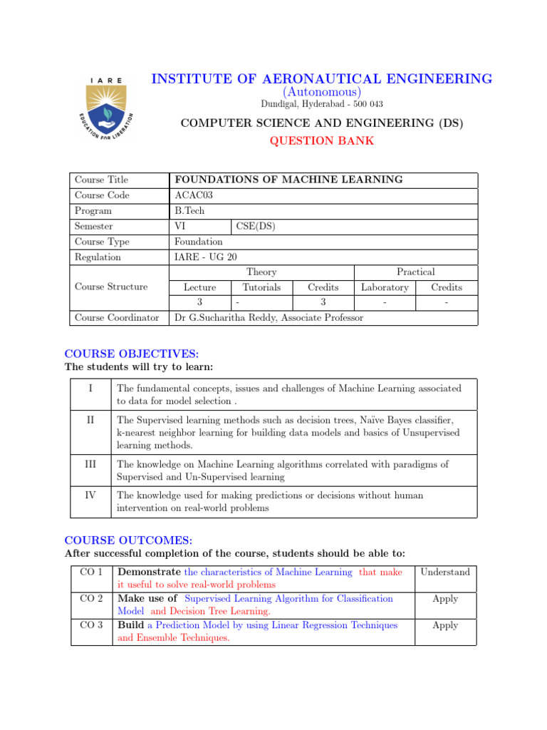 DS FML QB Bat20 PDF | PDF | Machine Learning | Linear Regression