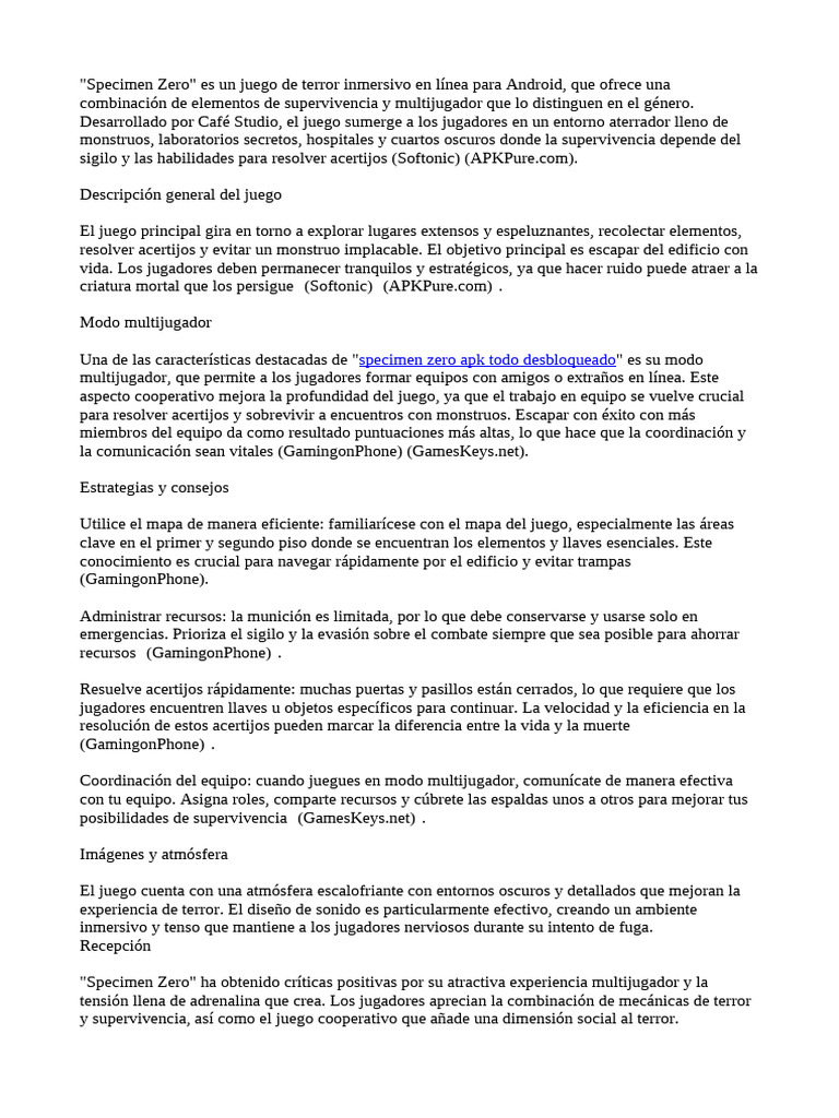 Specimen Zero: Terror y Supervivencia Multijugador | PDF | Videojuego ...