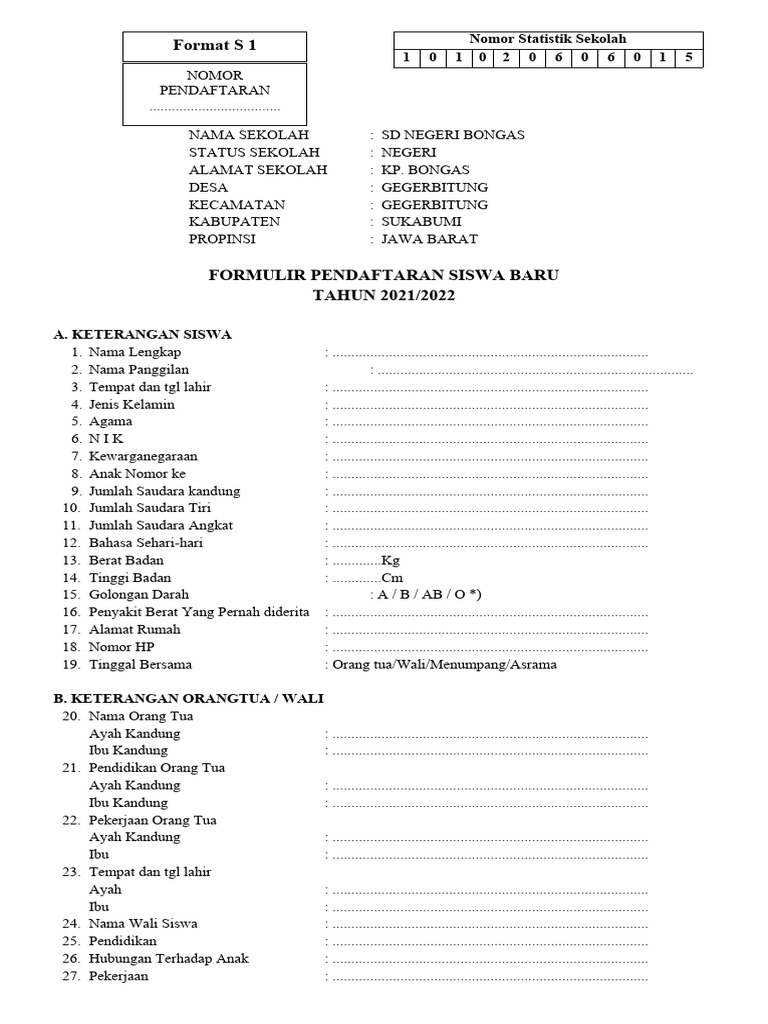 Formulir PPDB Format S1 | PDF