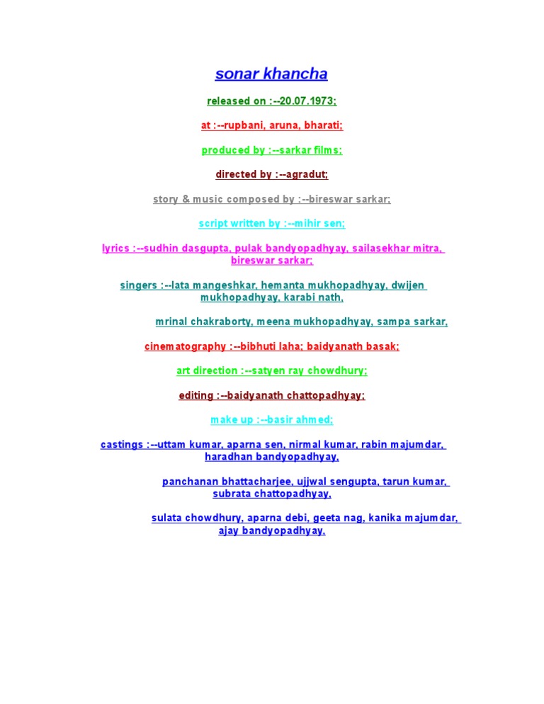Sonar Khancha: 1973 Bengali Film Details | PDF | Bengal