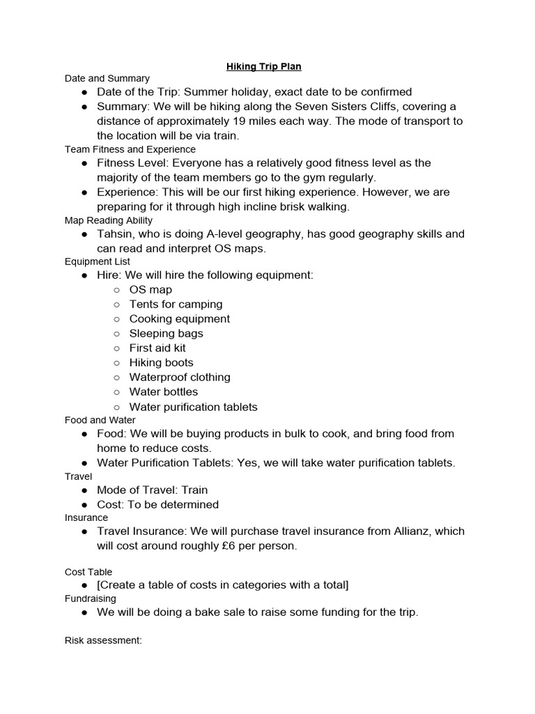 Hiking Trip Plan | PDF | Sports & Recreation | Cooking, Food & Wine