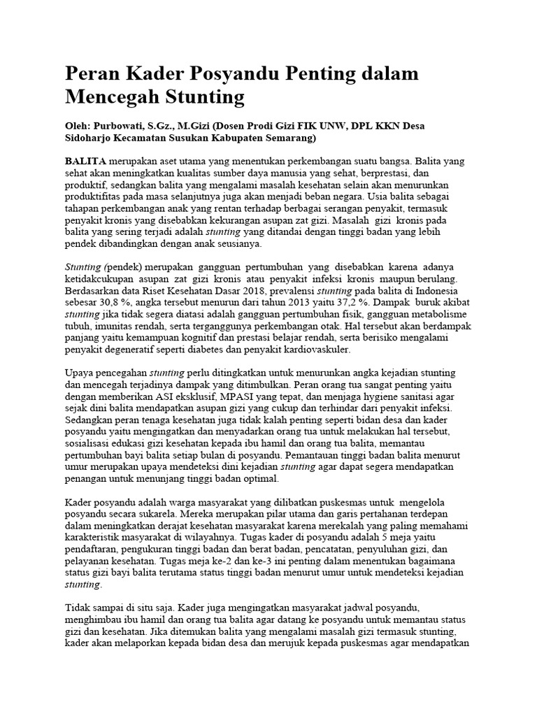 Peran Kader Posyandu Cegah Stunting | PDF