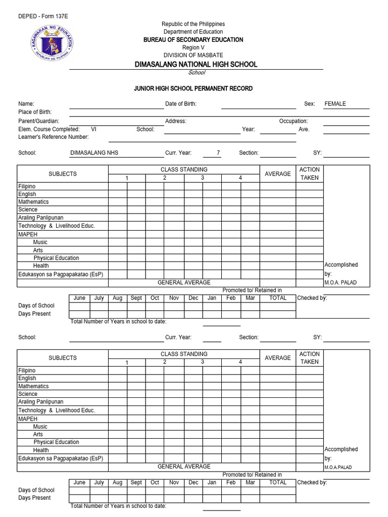 FORM 137 JHS A4-BLANK | PDF