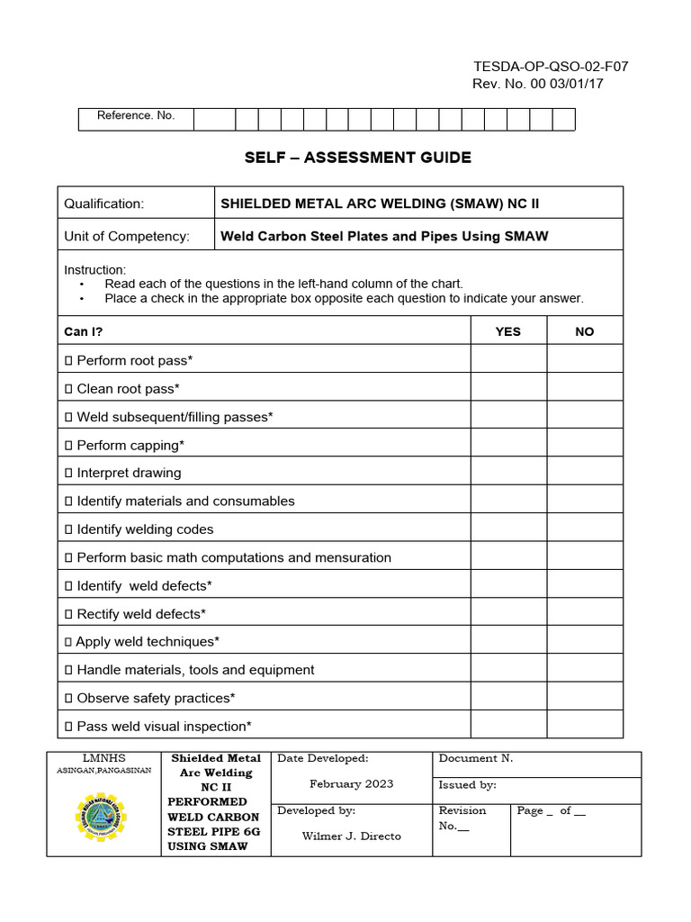 Competency Assessment Tool Smaw NC 2 | PDF | Welding | Construction Competency Assessment Tool Smaw NC 2 | PDF | Welding | Construction