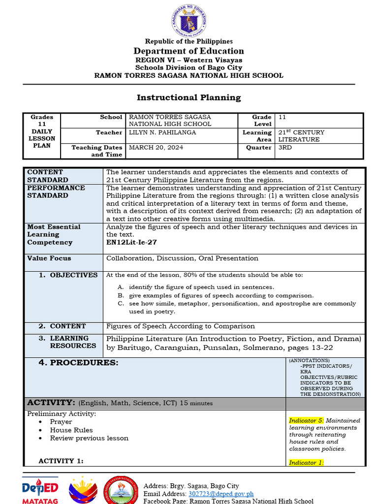 Cot Plan 3rd Lilyn Pdf Learning Teachers