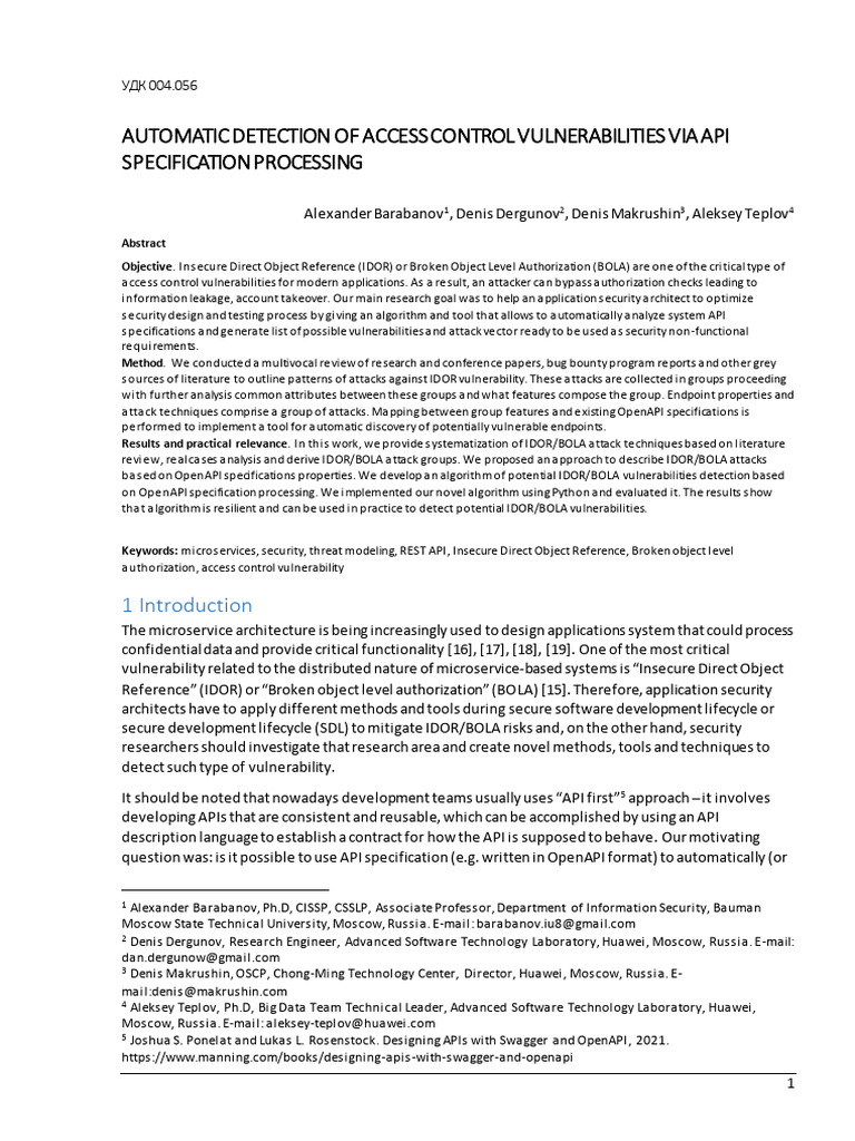 Automatic Detection of Access Control Vulnerabilities Via Api Specification Processing | PDF ...