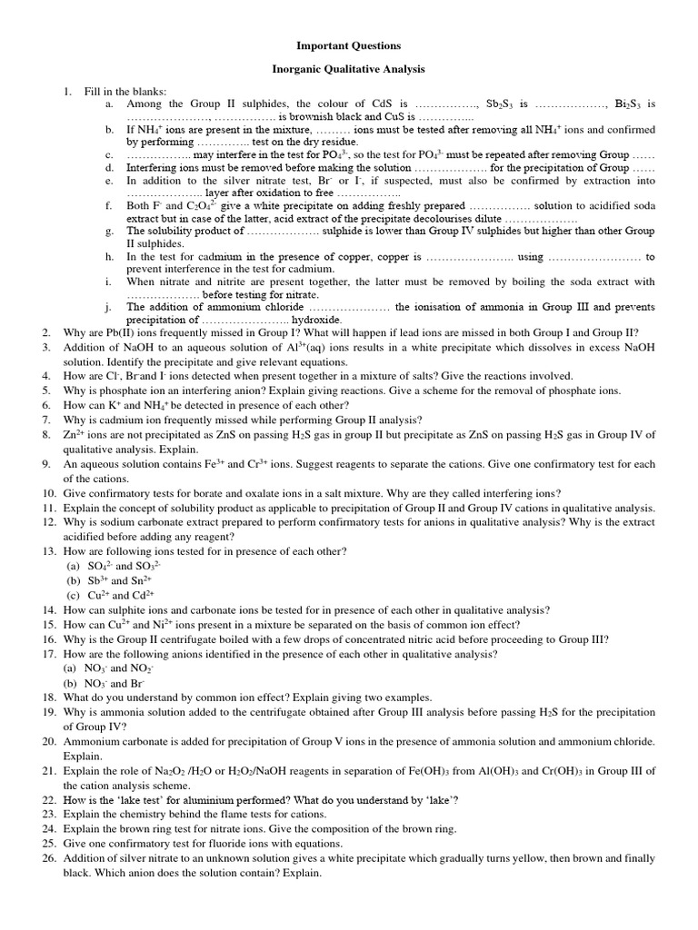 Important Questions - Qualitative Analysis | PDF | Precipitation ...