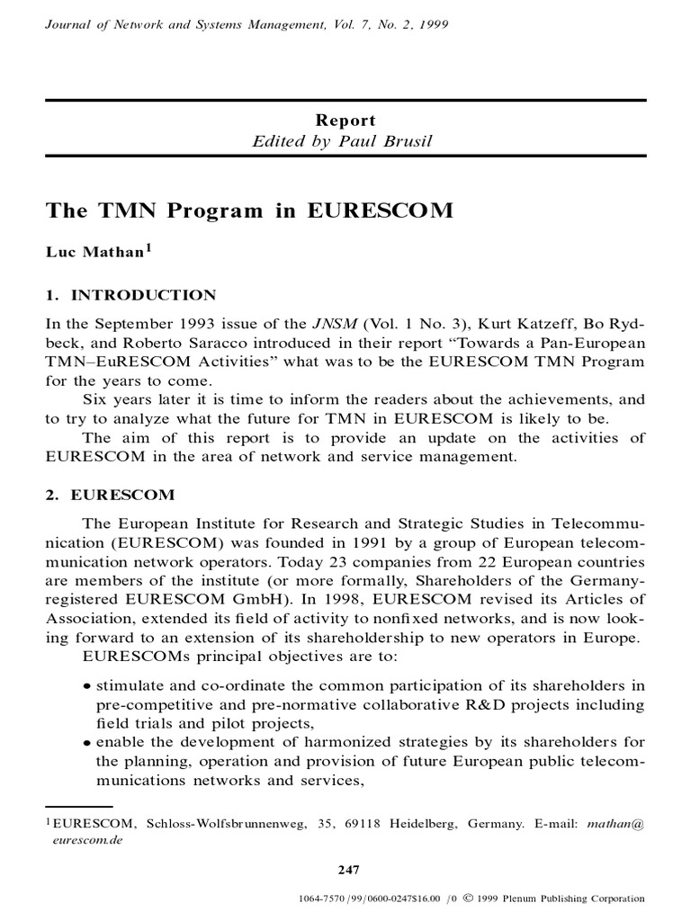 The TMN Program in Eurescom: Edited by Paul Brusil | PDF | Osi Model | Computer Network