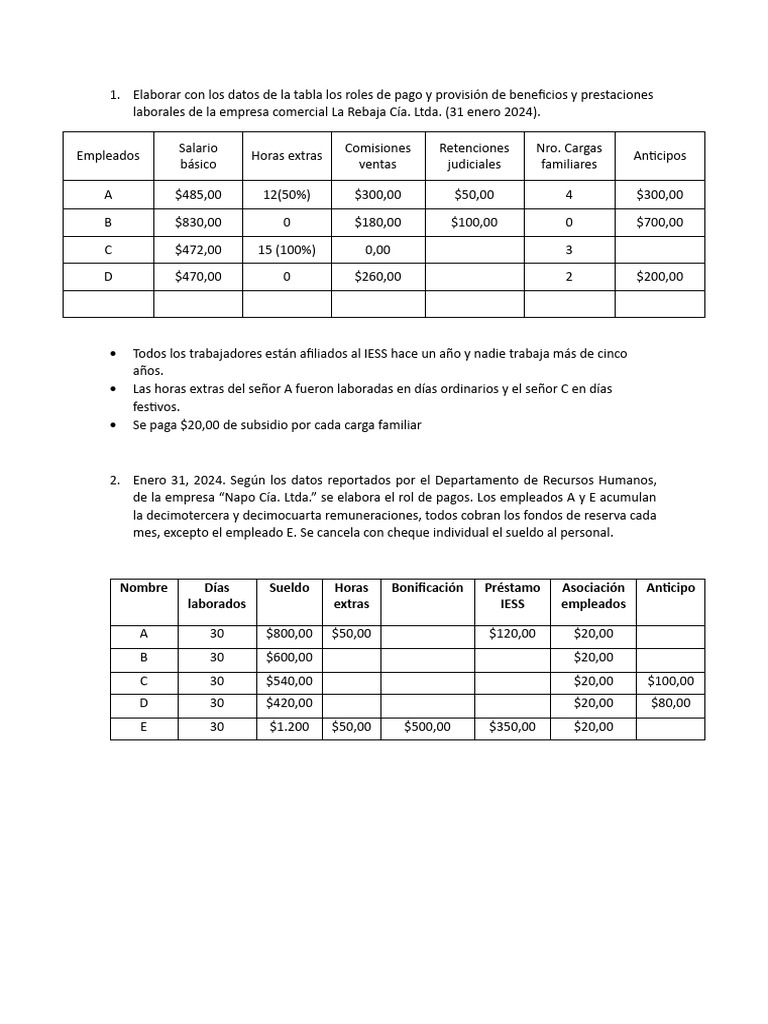 Ejercicio en Clase Rol de Pagos 2 | PDF