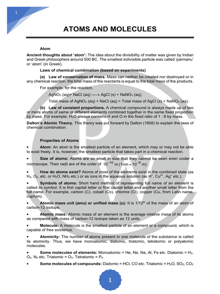 Atoms and Molecules | PDF | Mole (Unit) | Ion