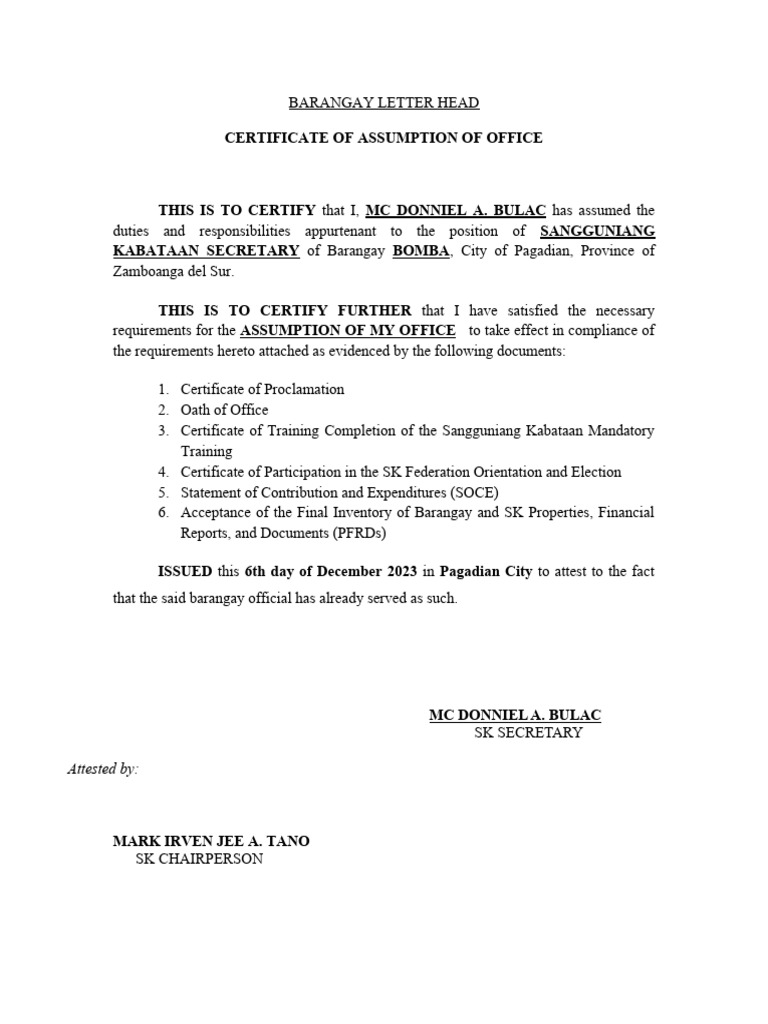 CERTIFICATE OF ASSUMPTION TO OFFICE of SK CHAIRMAN AND KAGAWAD FINAL | PDF