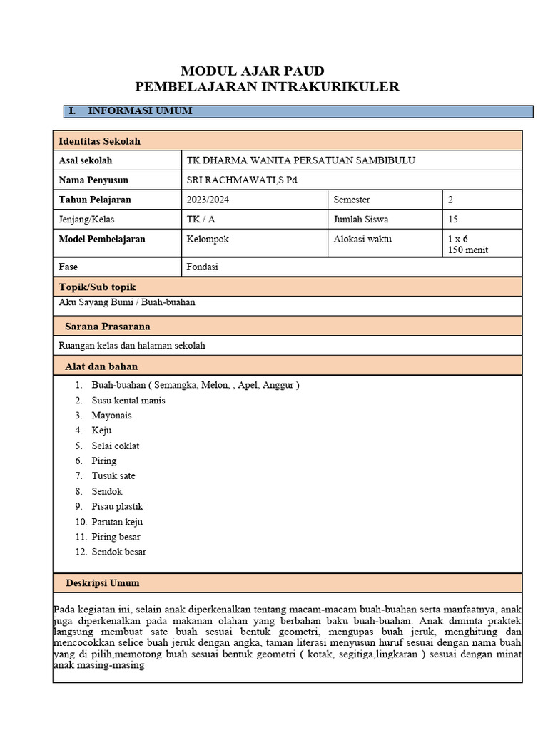 Modul Ajar PAUD: Belajar Buah-Buahan | PDF | Kesehatan Holistik