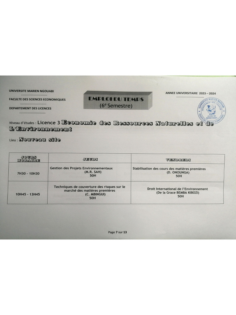 Emplois Du Temps Des Licences 3 Semestre 6 FSE 2024 | PDF