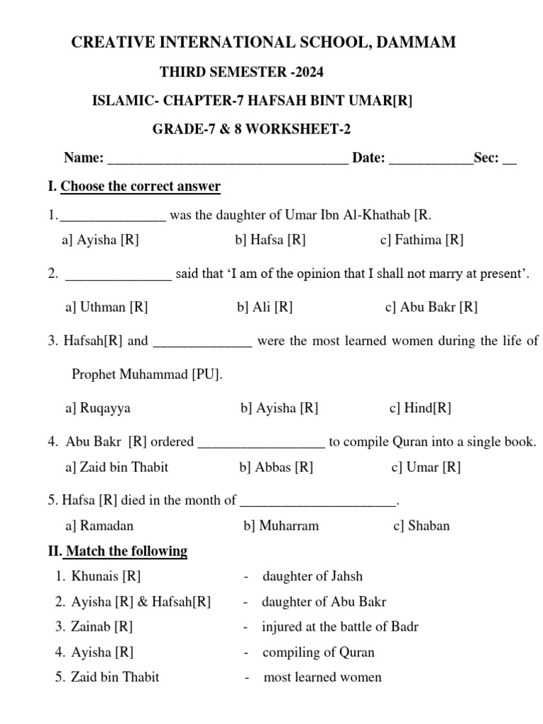 Grade 7 Islamic L-7 Hafsah Worksheet 2 | PDF