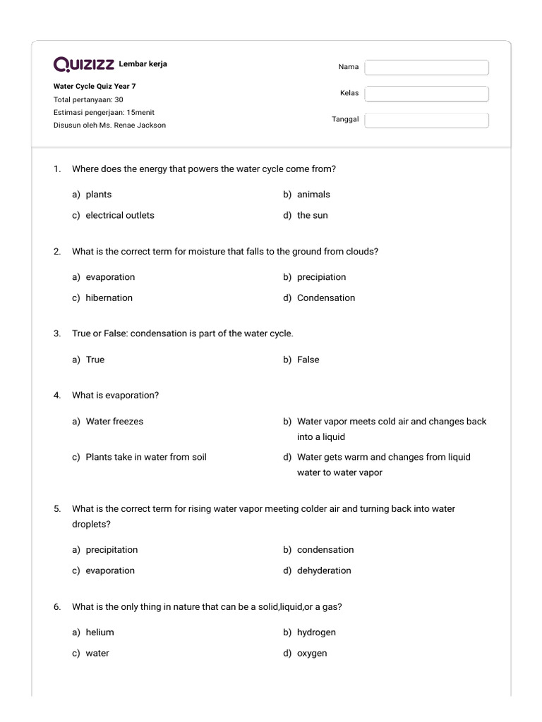 Water Cycle Quiz Year 7 | PDF | Water Cycle | Water
