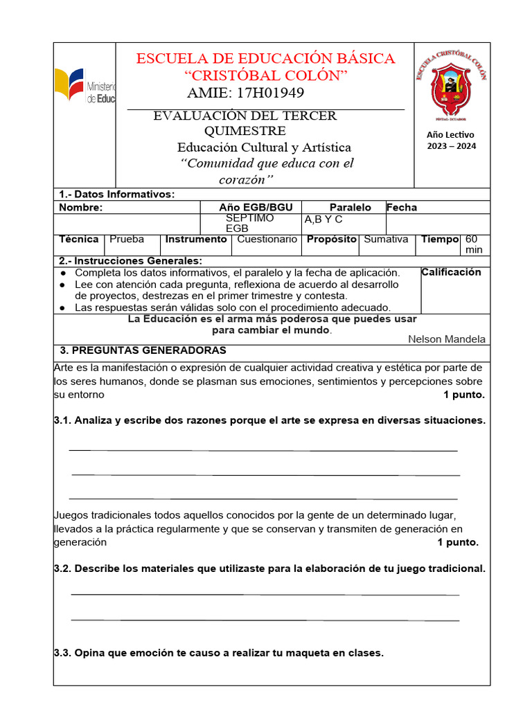 Evaluacion ECA 7MO TERCER | PDF | Evaluación | Aprendizaje