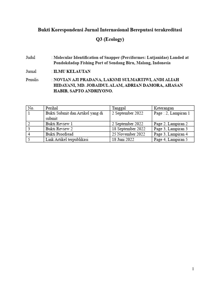 Artikel 4. Bukti Korespondensi Snapper-Molecular Identification of Snapper-3 | PDF | Polymerase ...