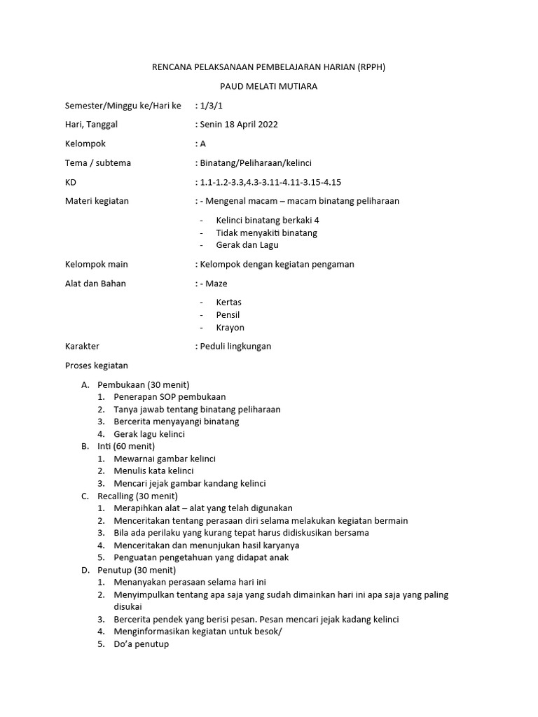 TK Paud Melati Mutiara RPPH | PDF