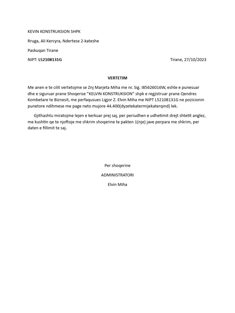 Kevin Konstruksion SHPK | PDF