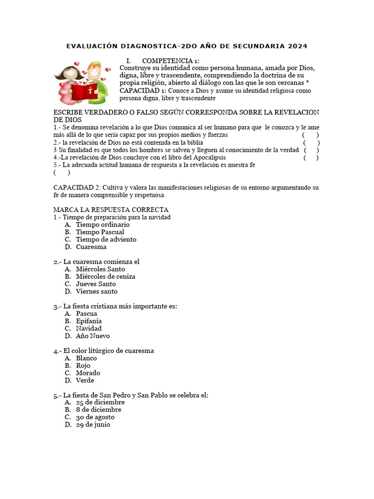 Evaluación Diagnostica-2do 2024 | PDF | Fe | Dios