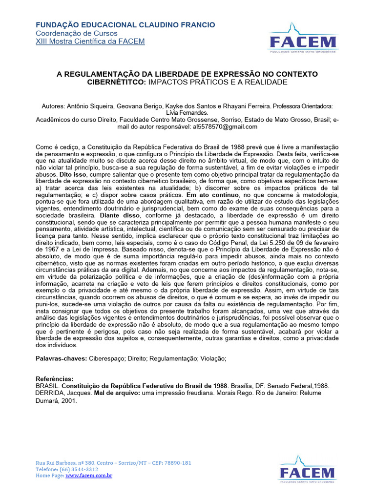 Regulamentação da Liberdade de Expressão Cibernética | PDF | Liberdade ...