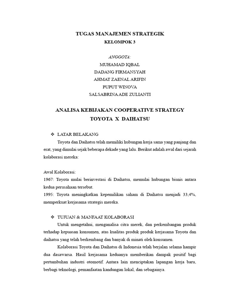 Analisa Strategi Koperatif: Toyota X Daihatsu | PDF | Bisnis ...