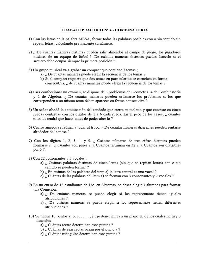 TP Nº 4 Combinatoria | PDF | Combinatoria | Triángulo