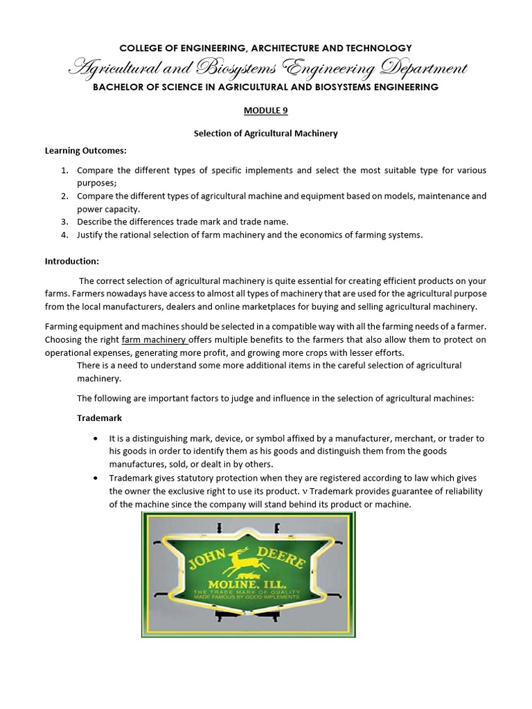 BAH 1 Module 9 in AB Machinery and Mechanization | PDF | Agricultural ...