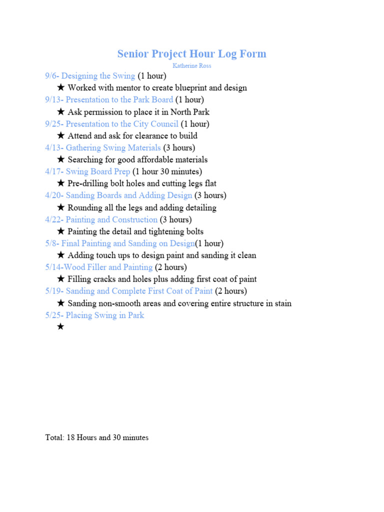 Senior Project Hour Log Form 1 | PDF