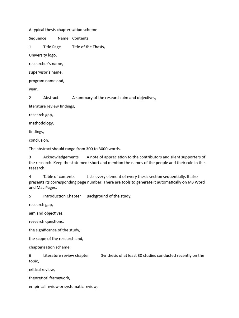A Typical Thesis Chapterisation Scheme | PDF | Computers