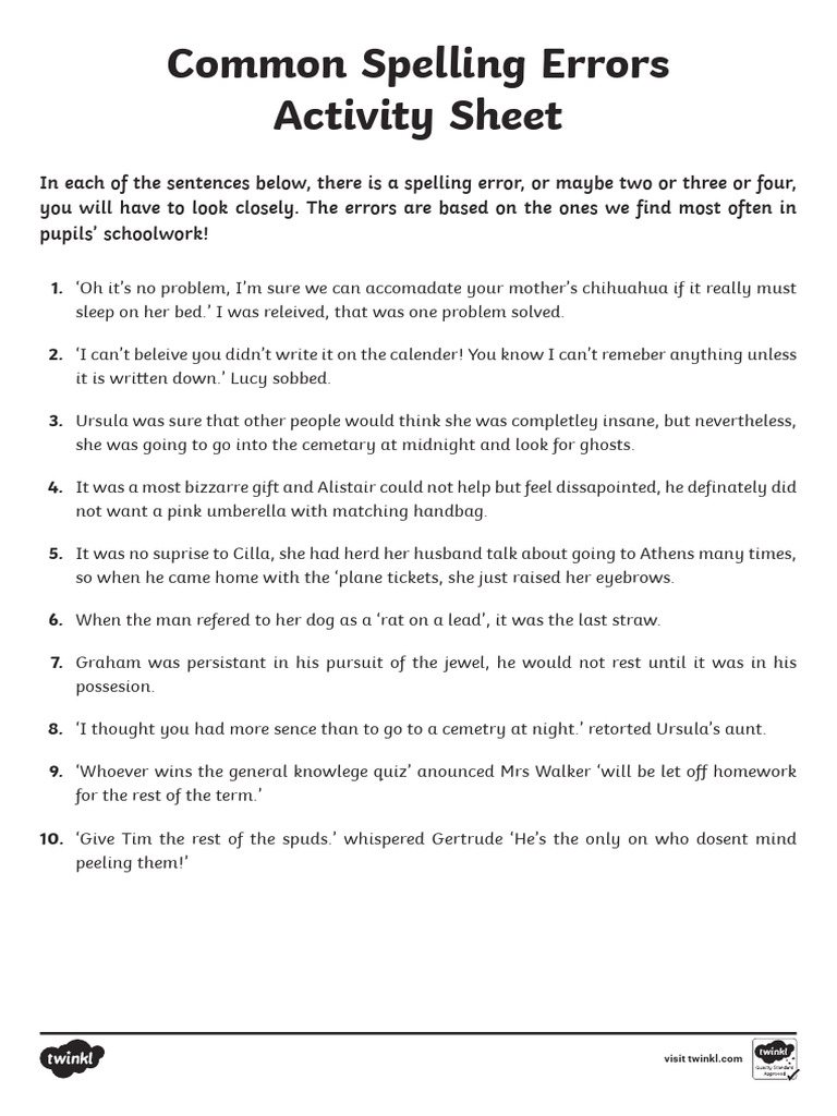 Common Spelling Errors Worksheet 1 | PDF