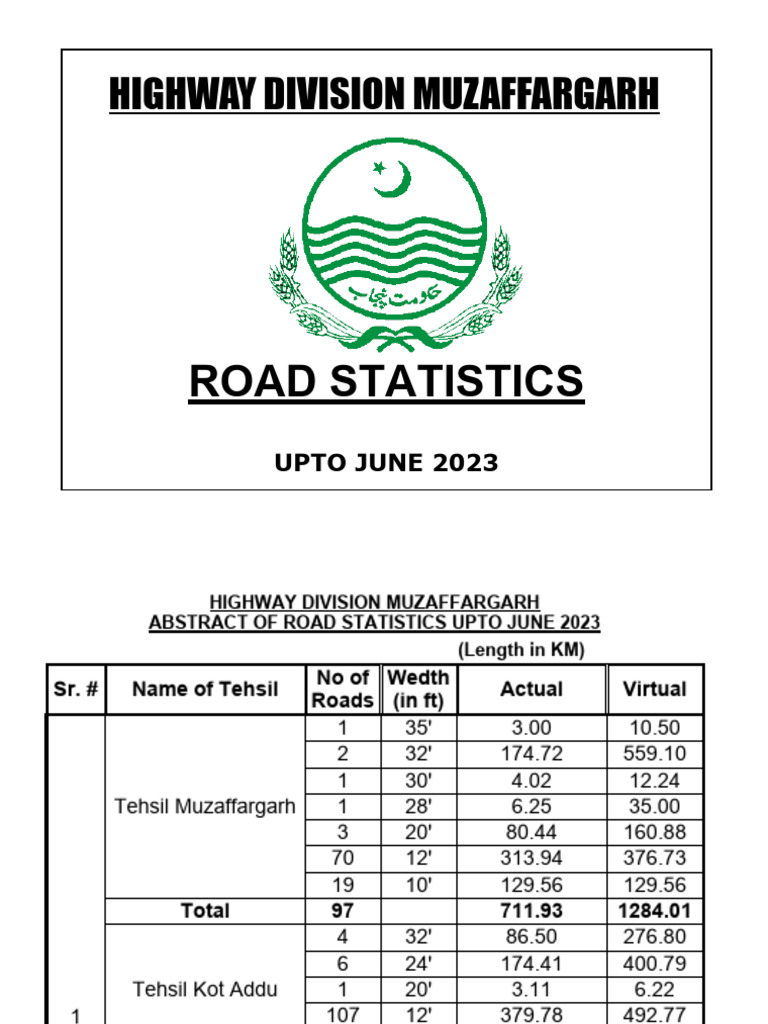 Road Statistics Up To June 2023 TEHSIL WISE | PDF