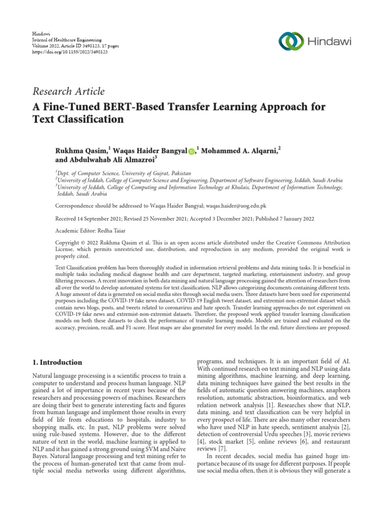 Research Article: A Fine-Tuned BERT-Based Transfer Learning Approach For Text Classification ...