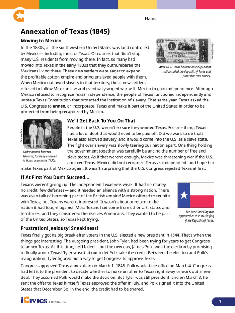 Annexation of Texas 1845 Student Docs | PDF | Texas | Slavery