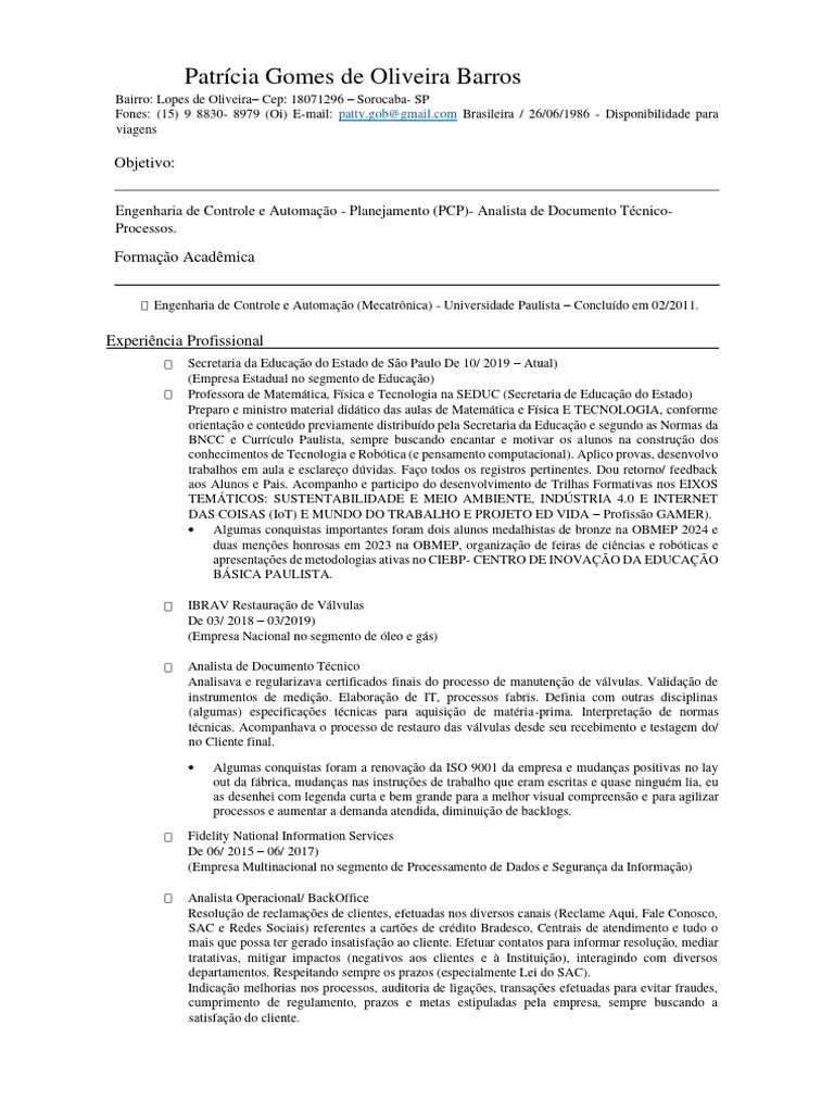 Cv Patricia Atualizado | PDF | Engenharia | Automação