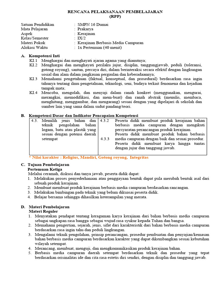 RPP Prakarya K9 Kerajinan Genap - Supervisi | PDF | Karier & Perkembangan | Seni