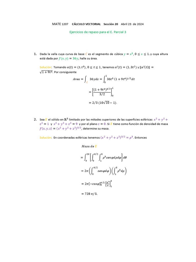 Ejercicios Repaso E. Parcial 3 C. Vectorial | PDF | Integral | Geometría euclidiana