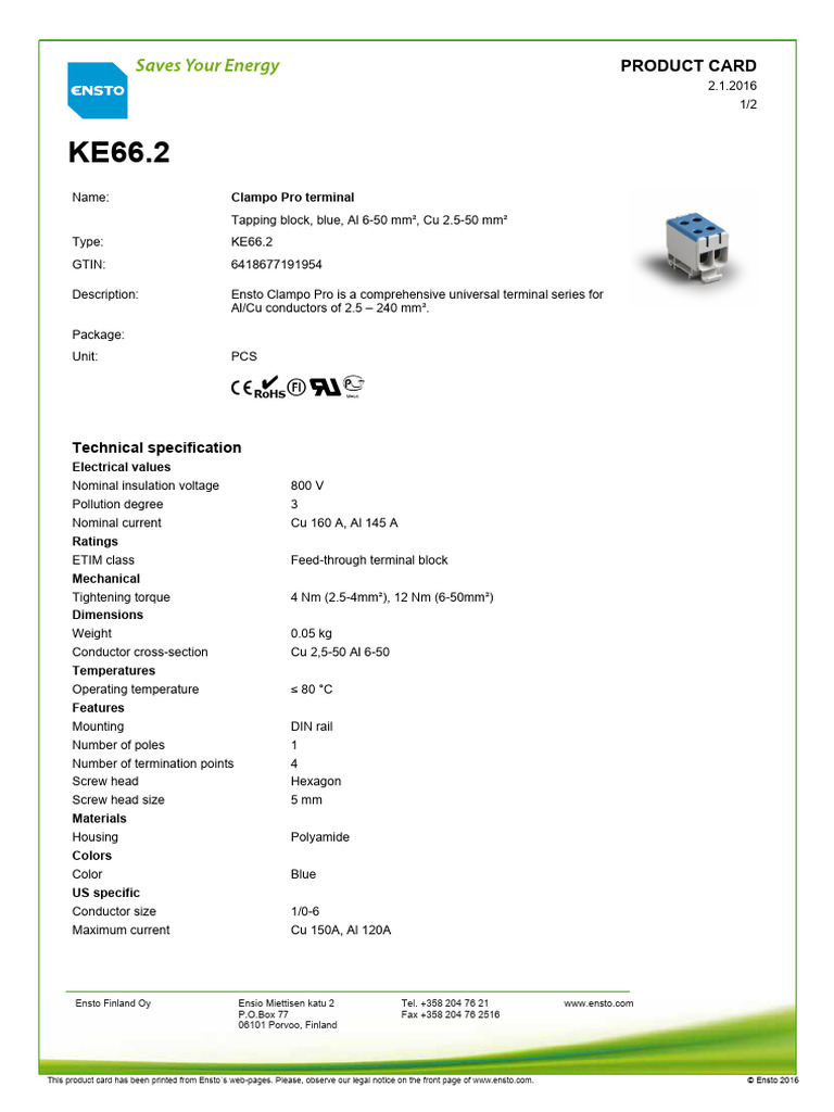 Clampo Pro Terminal KE66.2 Specs | PDF | Electrical Conductor ...