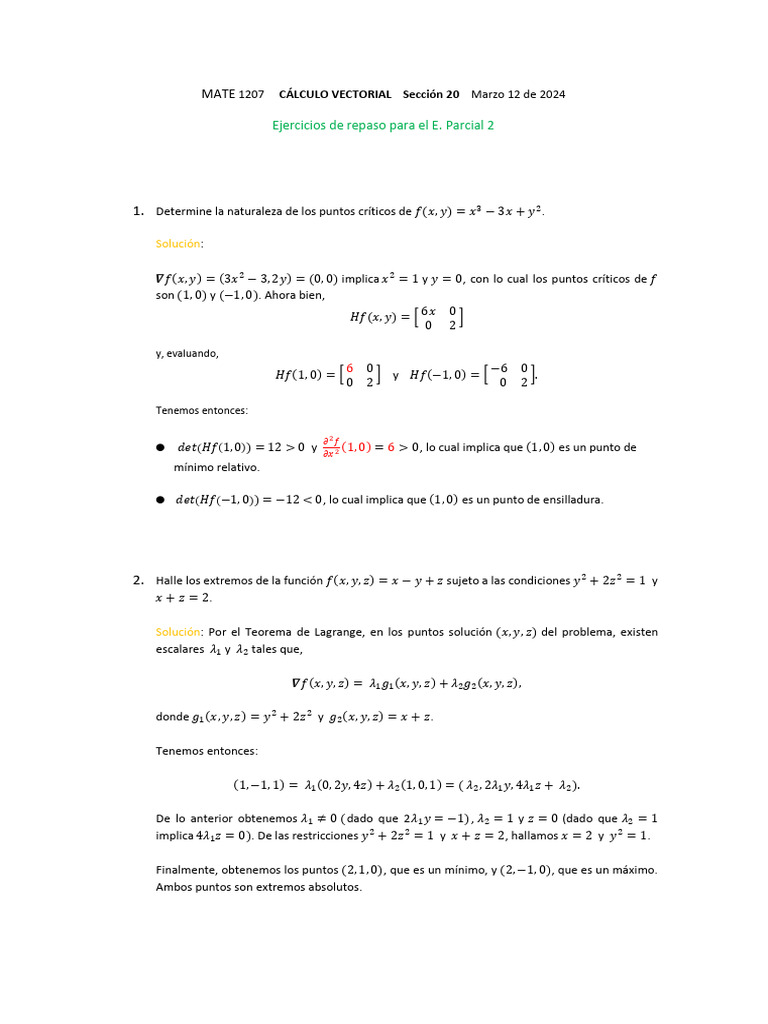 Ejercicios Repaso E. Parcial 2 C. Vectorial | PDF | Análisis matemático | Matemáticas