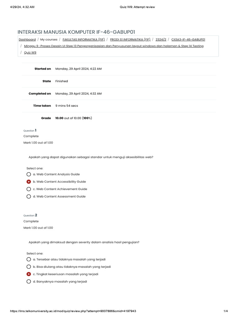 Quiz W9 - Attempt2 Review | PDF | Karier & Perkembangan | Teknologi & Rekayasa