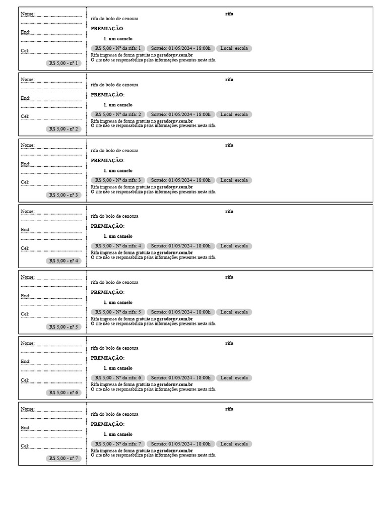 Imprimir Cartelas de Rifas - Gerador NV | PDF