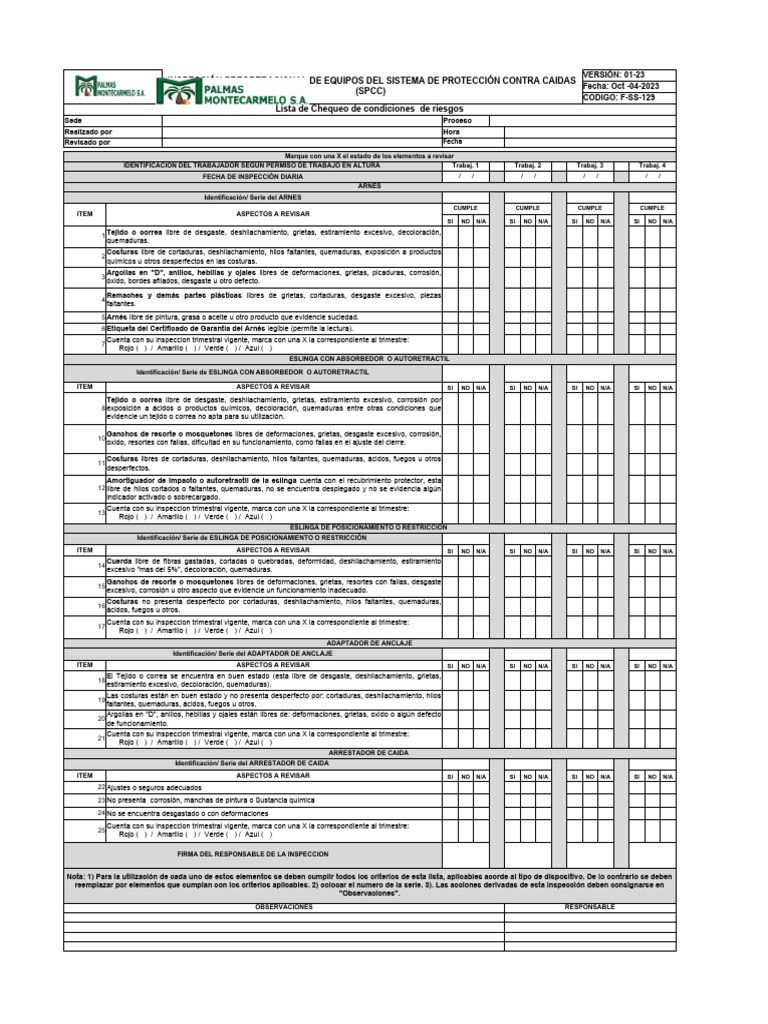 F-SS-129 Formato Inspeccion Preoperacional para Elementos de Proteccion Contra Caidas | PDF | Quemar