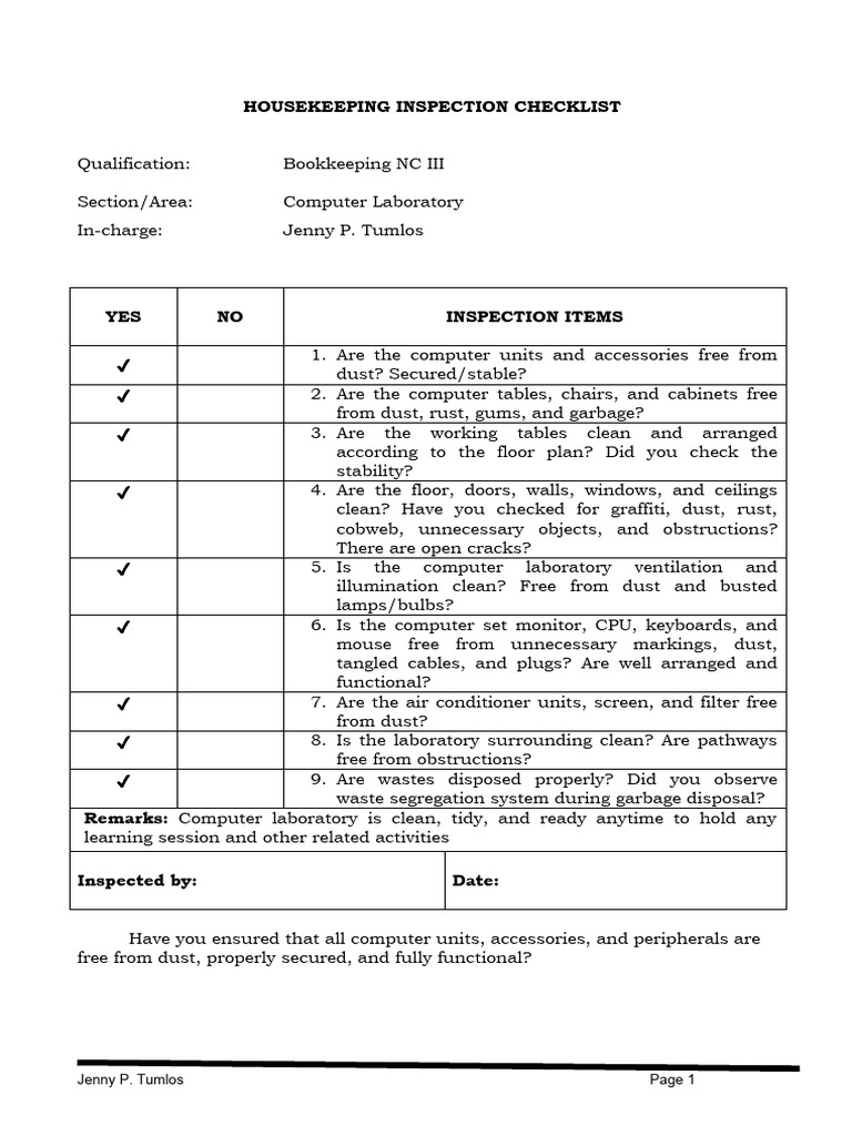 Housekeeping Inspection Checklist | PDF