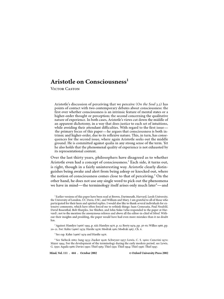 Caston V., En, Aristotle On Consciousness, 2002 | PDF | Consciousness ...
