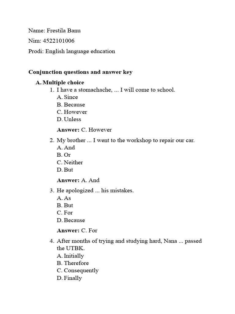 Conjunction Questions and Answers Guide | PDF